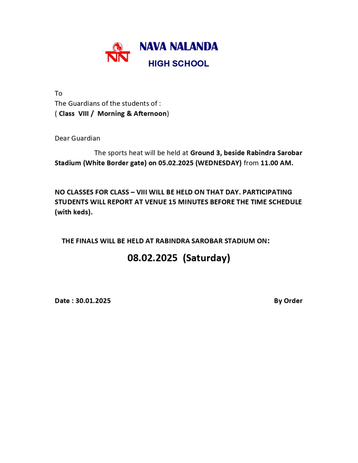 Sports Heat Notice for Class VIII – NAVA NALANDA